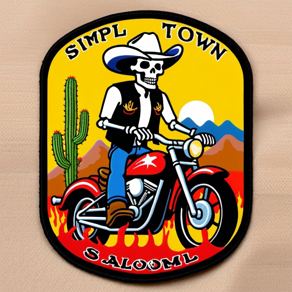 Flaming skeleton cowboy riding a motorcycle that say...