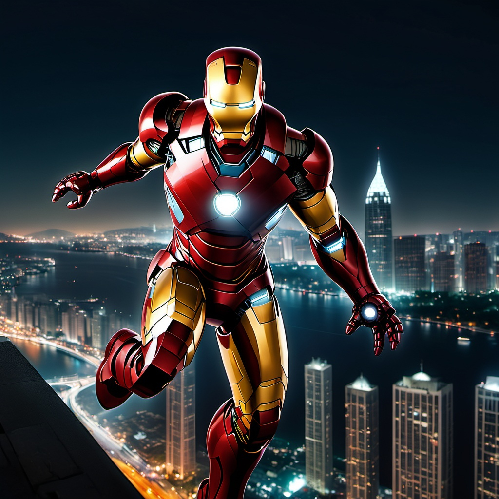 Iron Man flying over a cityscape at night.
