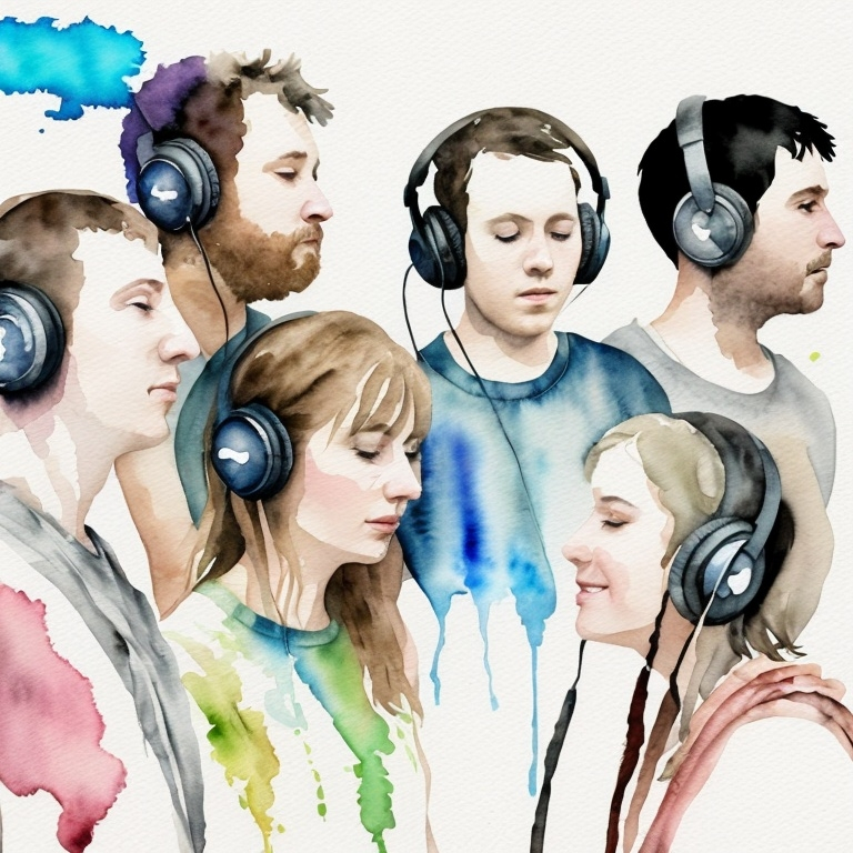 create a photo of a group of music listener listenin...
