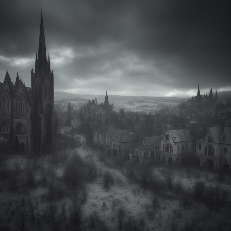 large dark gothic town landscape, noon, grey sky, co...