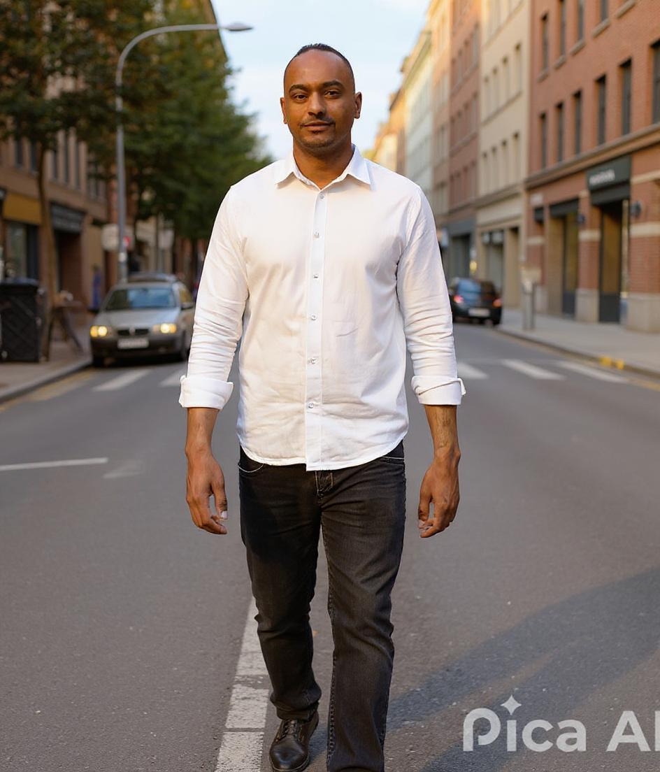 Tall man walking down the high street, detailed clot...