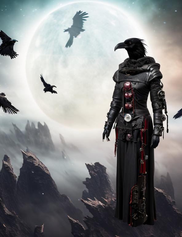 anamorphic raven is in space suit, standing on float...