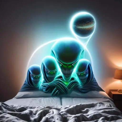 Uhd hooded aliens surrounding bed at night with lumi...