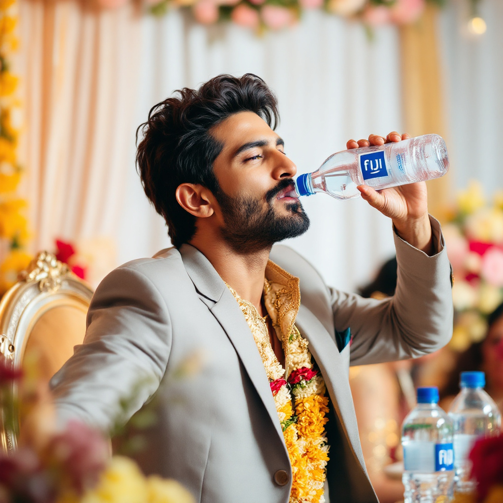 Bollywood star drinking fiji water at an Indian wedding