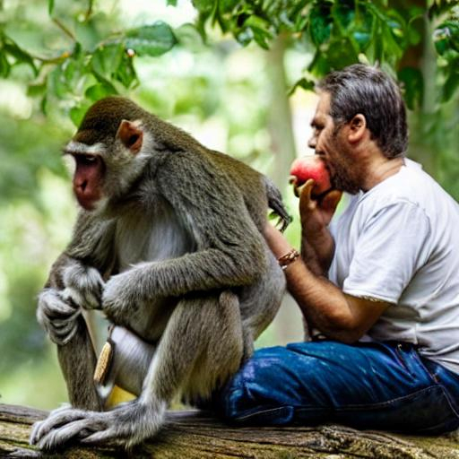 a man sitting on monkey and eating an apple | OpenArt
