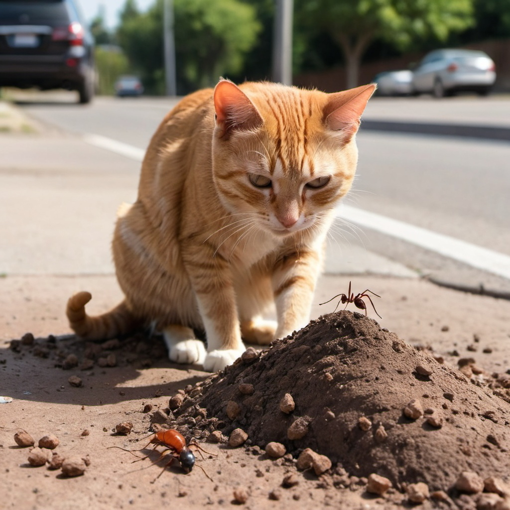 Cat taking a shit on an ant hill