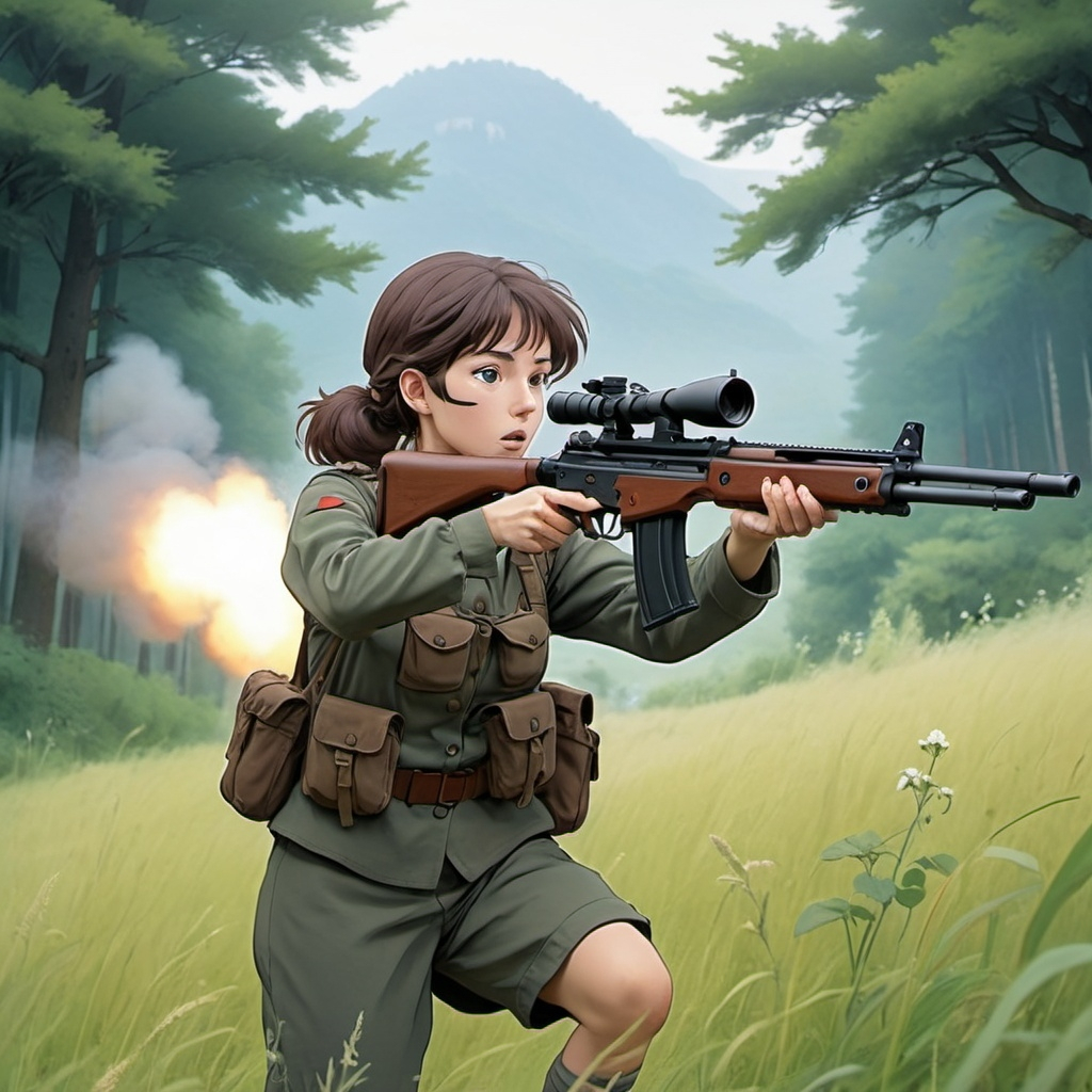 Ghibli 2D anime style. A militia woman firing her St...