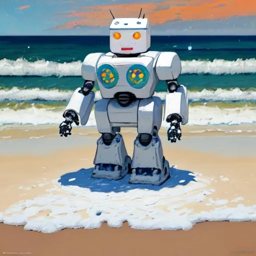 "Snow man robot on the beach by Elaine Bayley, neo-i... | OpenArt