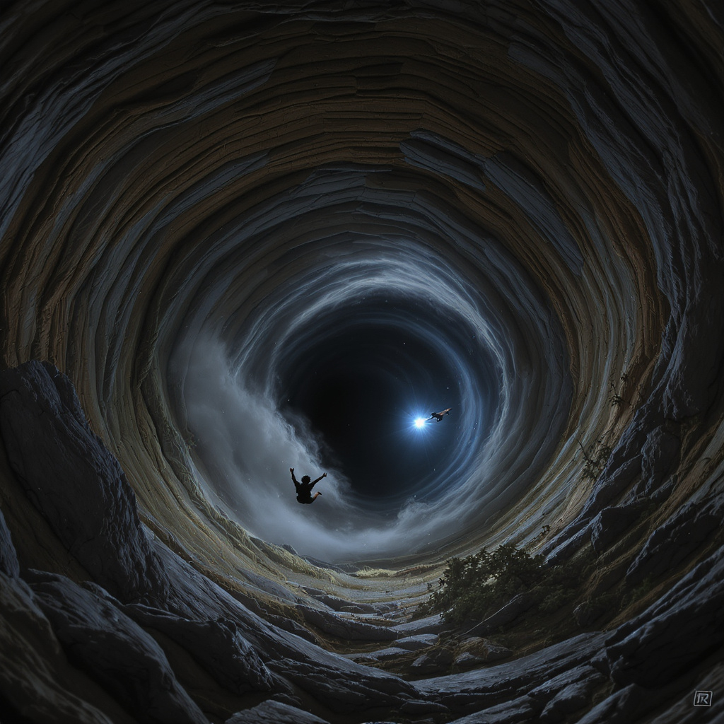 Imagine a rabbit hole with a swirly portal and a s...