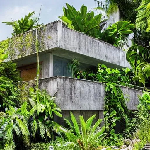 Overgrown concrete house with tropical plants full view | OpenArt