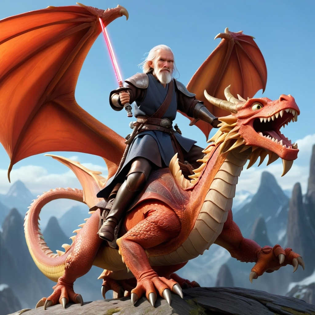 A HOBIT RIDING A DRAGON WITH A SABER SWORD