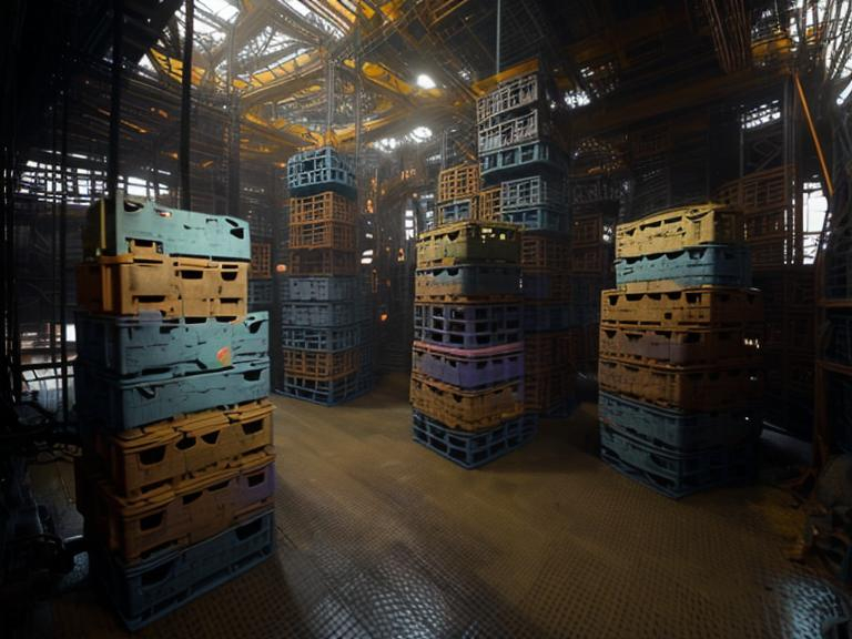 Stacked Crago crates in submarine hallway