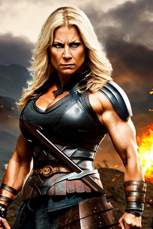 muscular, curvy, warrior woman, angry scowl, hero st...