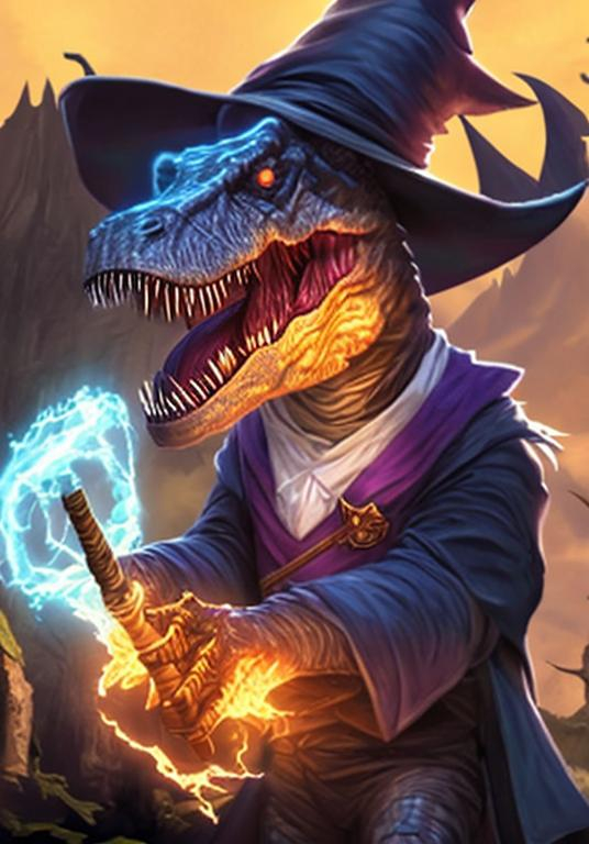 Generate a T-rex as a wizard with a magical hat, a f...