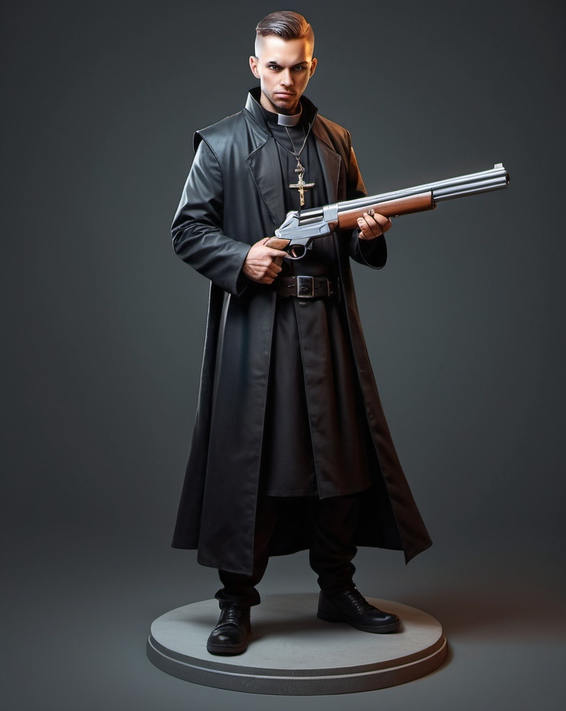 hyper-realistic urban fantasy standee priest with sh...