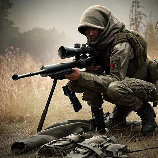 Soldier aiming through tank's telescopic sight, dim...