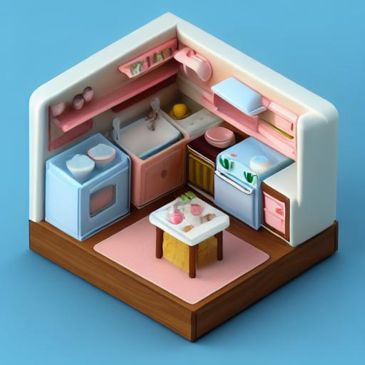 Tiny cute isometric kitchen in a cutaway box, cute,...
