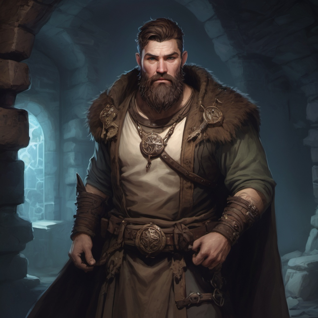 male stocky large-built druid with short-cut hair an...