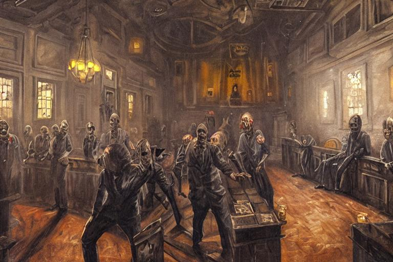 oil painting, zombies at court, judge, steampunk roo... | OpenArt