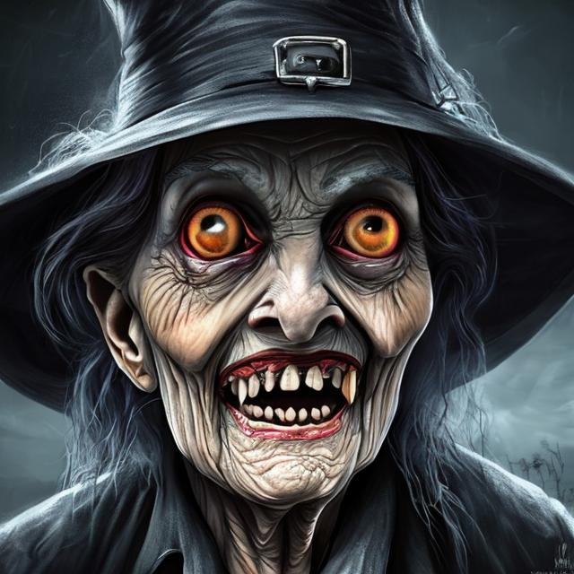 Horror Creepy old witch with crooked teeth realism