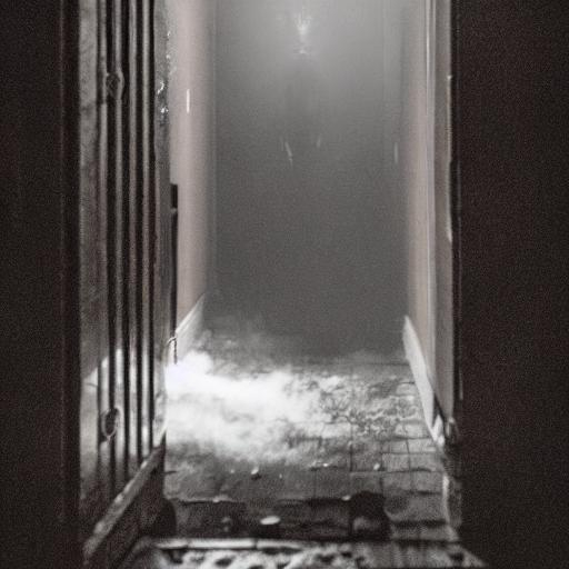 A monster is standing in a dimly lit hallway, terrif...