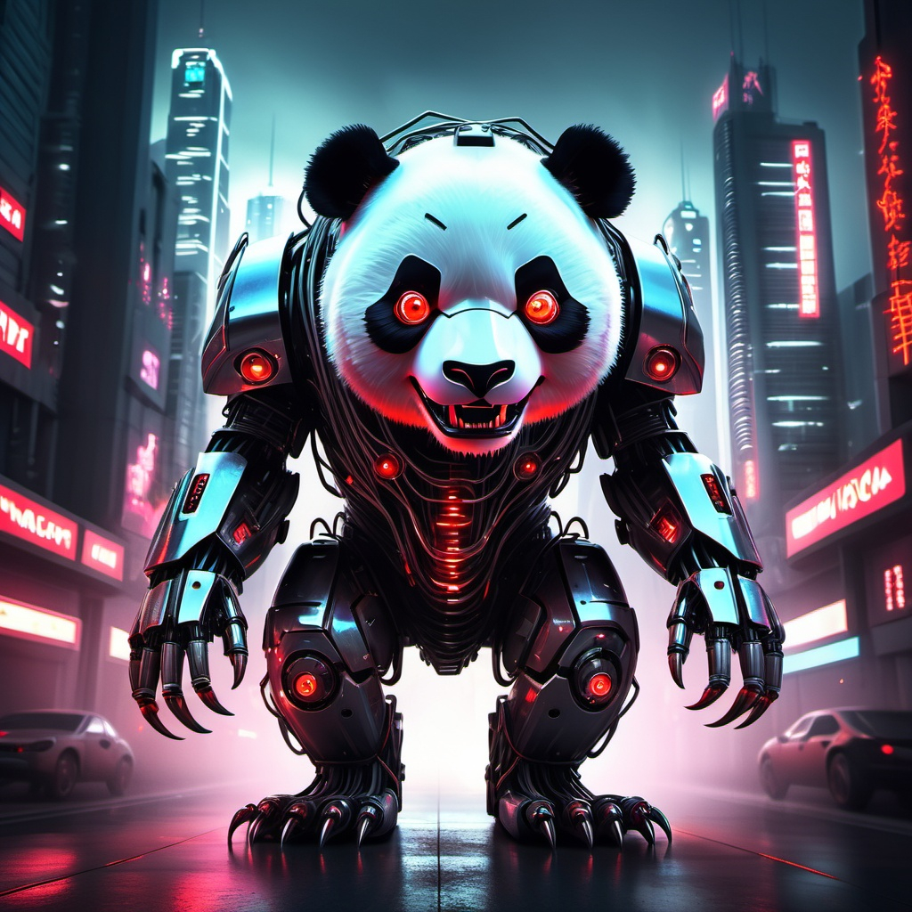 A menacing robotic panda with glowing red eyes, meta...