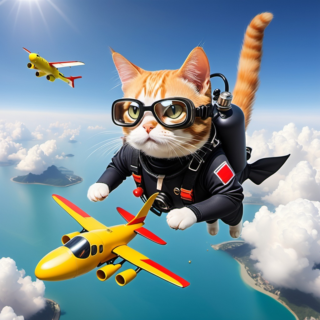 scuba diver cat flying a pickle plane over china and...