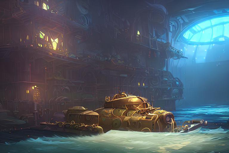 steampunk, submarine, under water, yellow lights, de...