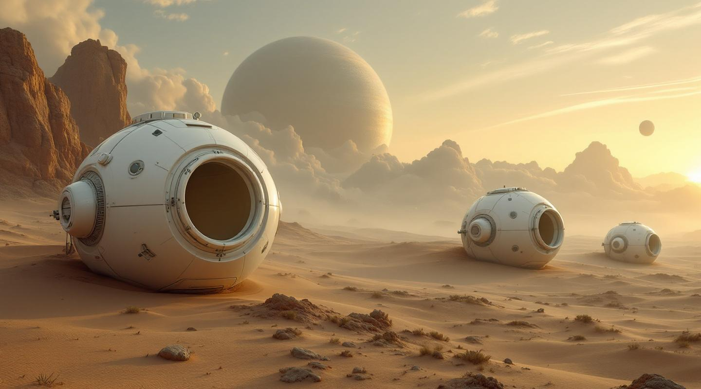 Spherical structures that resemble escape pods or fu...