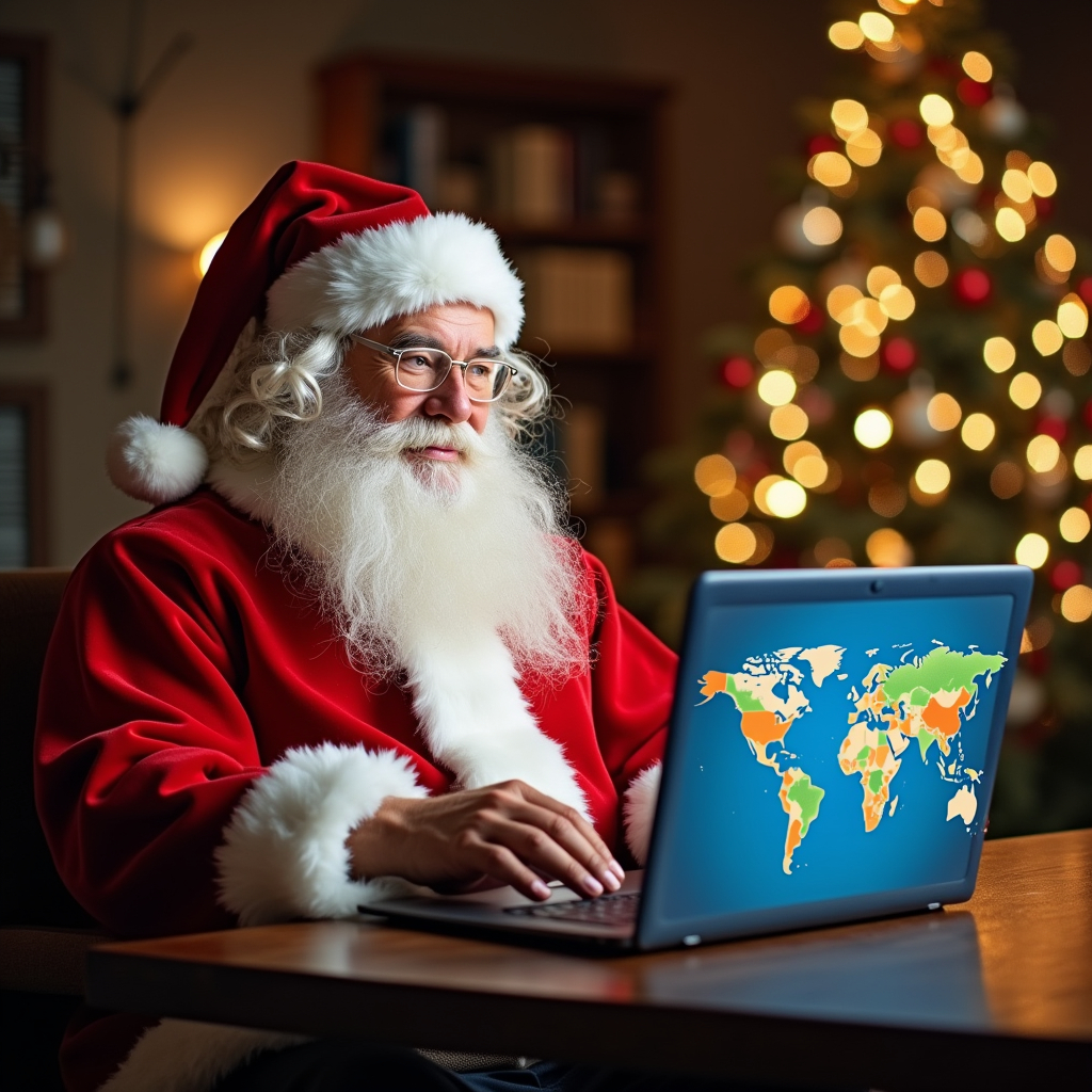Santa is sitting on a table with a laptop with world...