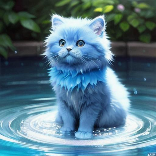 Cute, blue, fluffy, liquid cat, possessing the eleme...