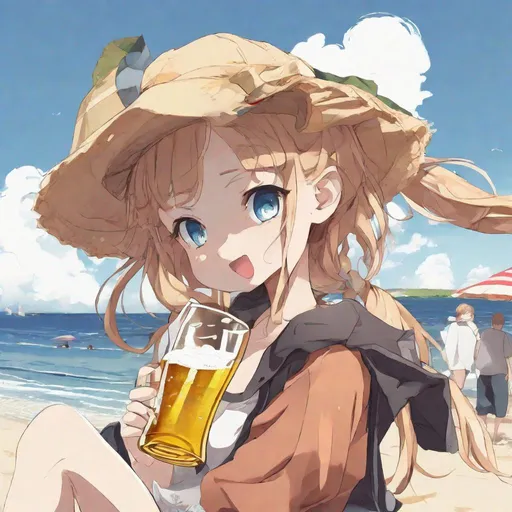 Anime style, girl drinking beer, beach