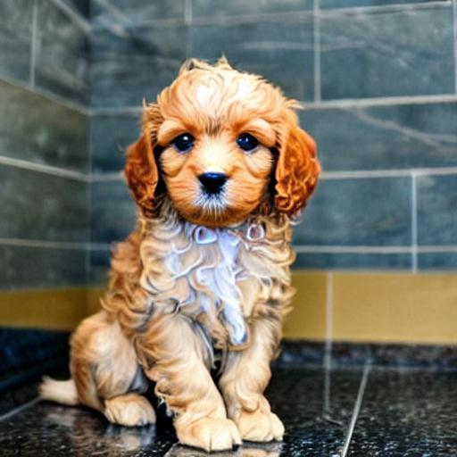 cute golden cavapoo puppies with a bath