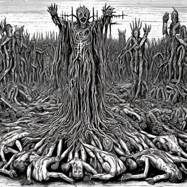 Wickerman covered in human gore, blood, organs, limb... | OpenArt