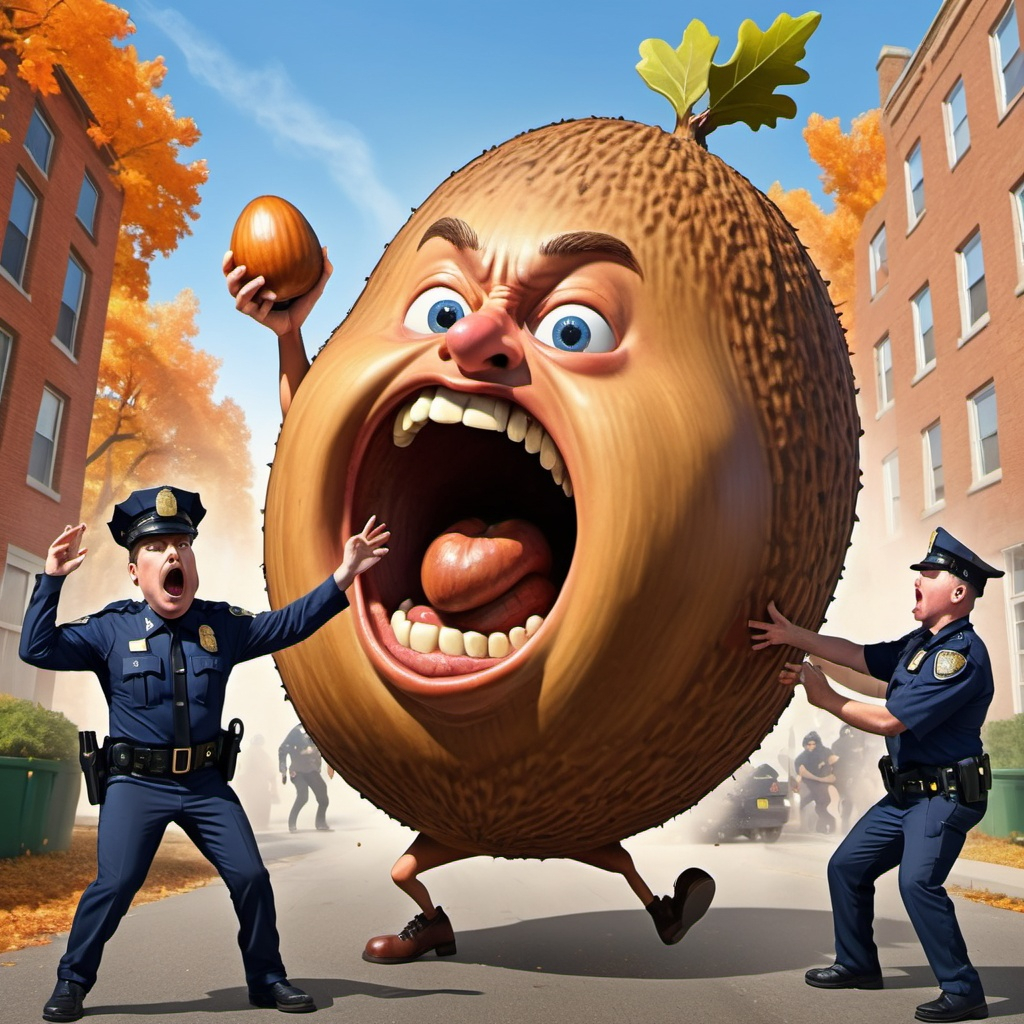 Police officer under attack by giant acorn, vibrant... | OpenArt