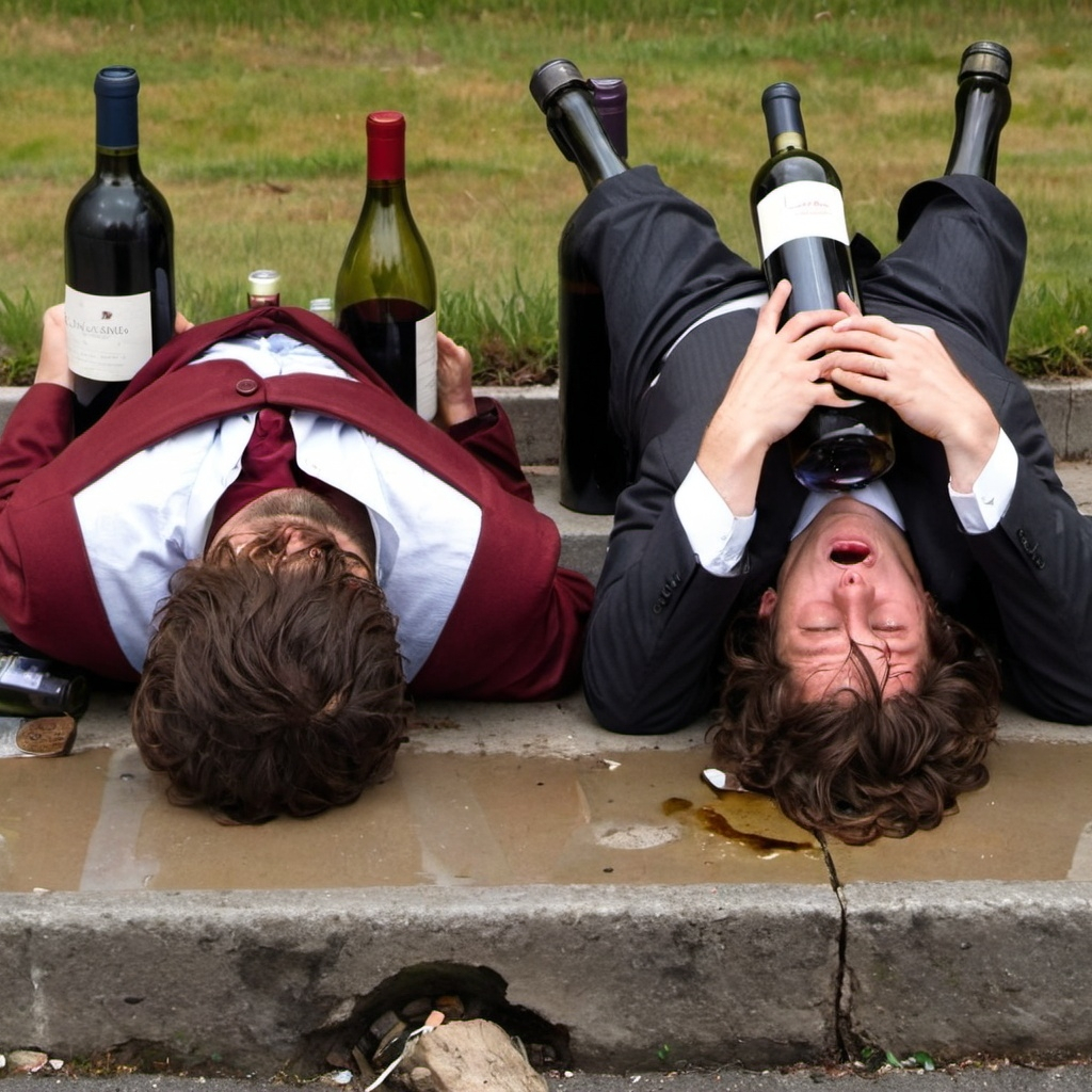 two down-and-out winos slumped in a gutter surrounde...