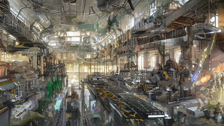 extremely realistic, hyperdetailed, cyborg factory,...