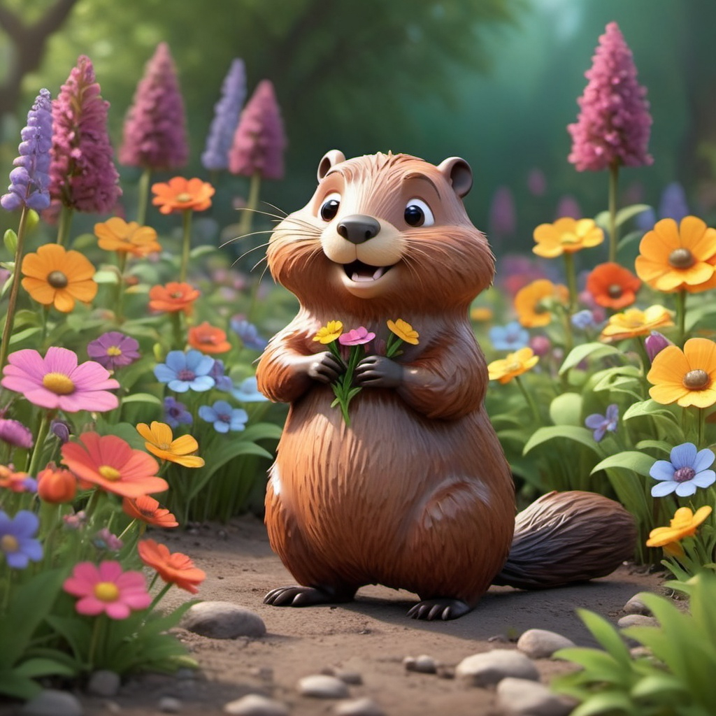 pixar style, adorable beaver in flower garden