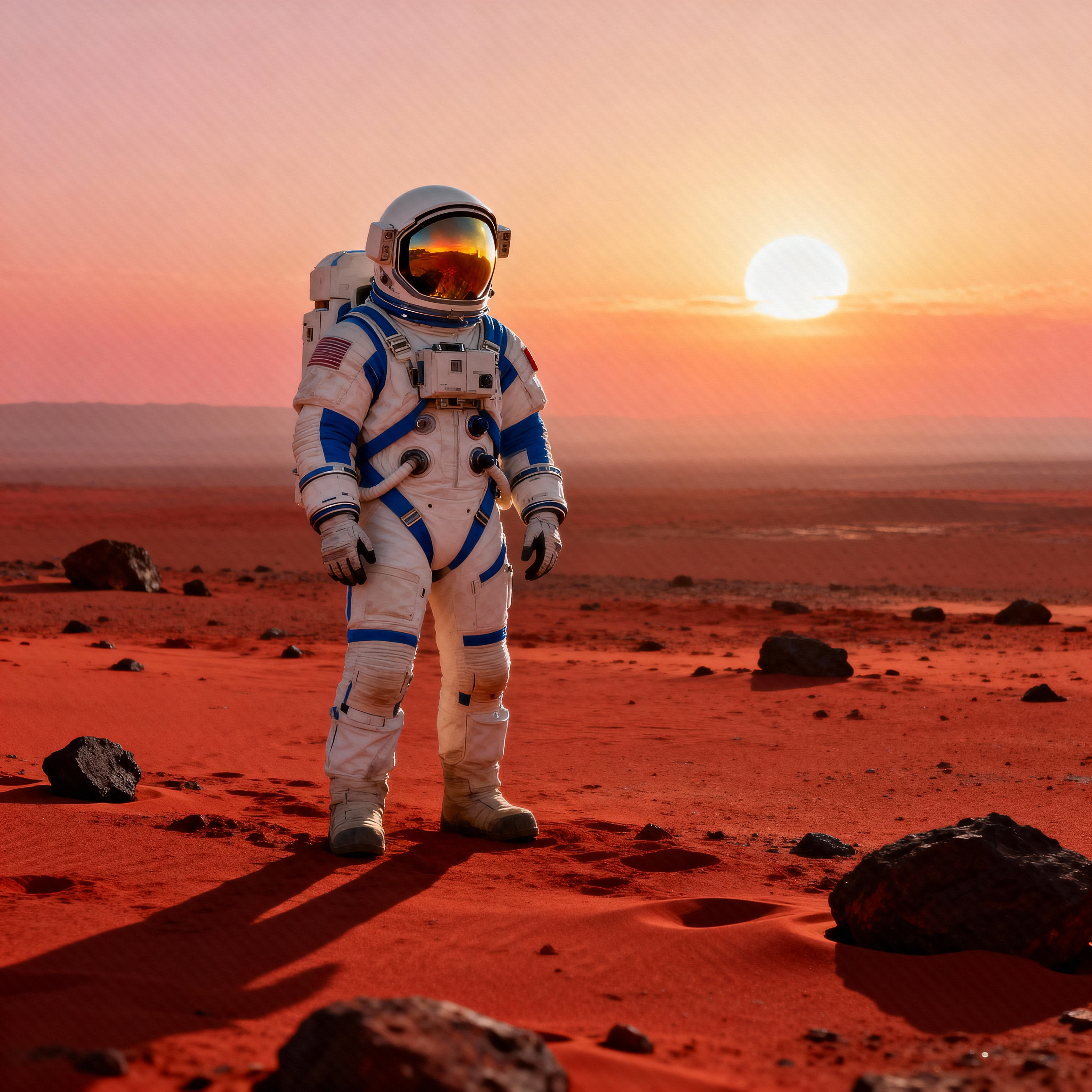 AI-generated scene: astronaut standing on red Martia...