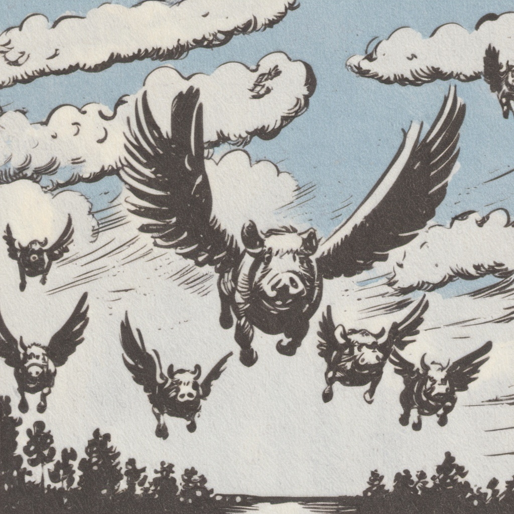 Men and women flying atop pigs with wings in a fluff...