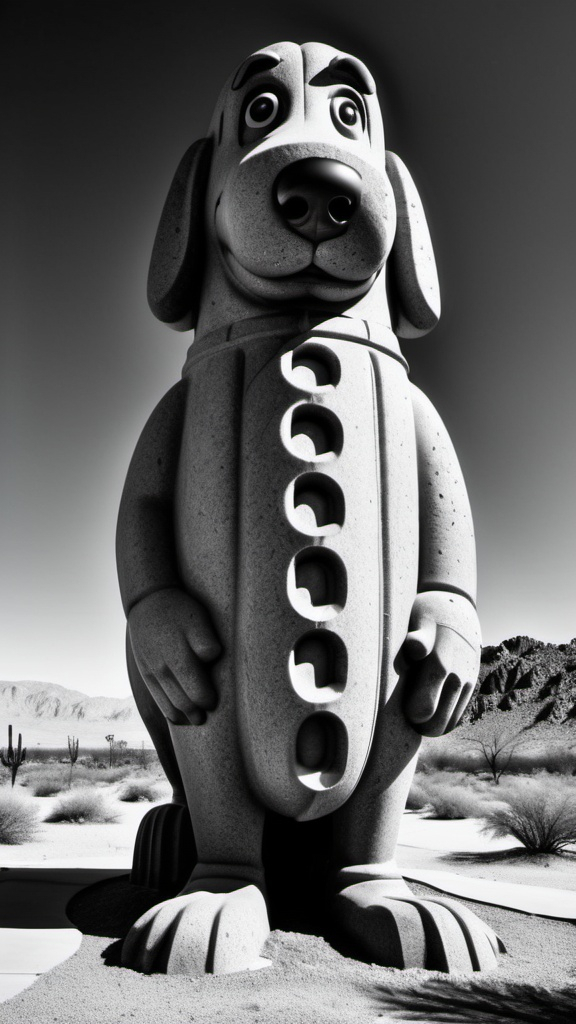 giant granite statue of hotdog in desert. HDR. 4K. H...