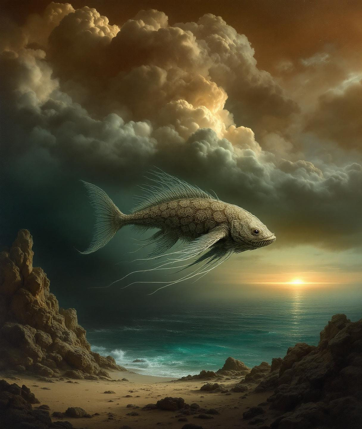 A monstruous fish-like sea creature with a coral-lik...