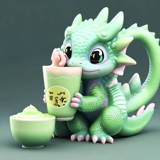 cute baby dragon drinking matcha pastel colors 3d