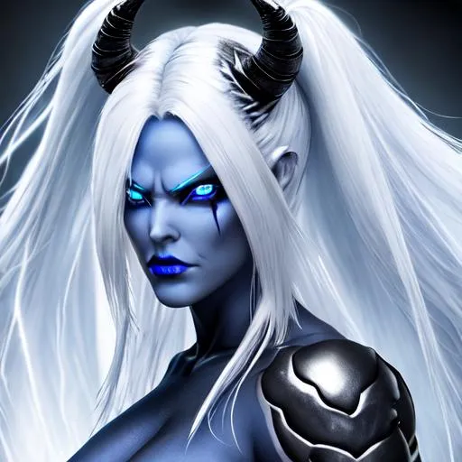 Demon, female, while hair, buffed, storm bringer, be...