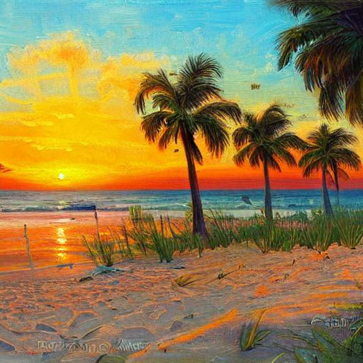 A cartoon style florida beach landscape at sunset in... | OpenArt