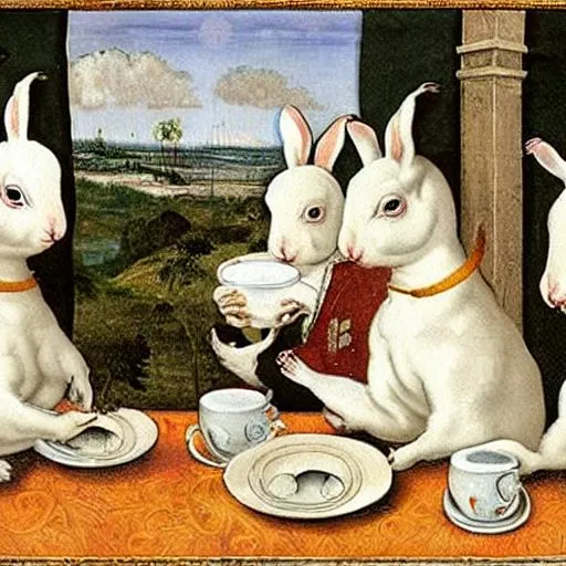 a fancy 16th century painting of white rabbits weari... | OpenArt