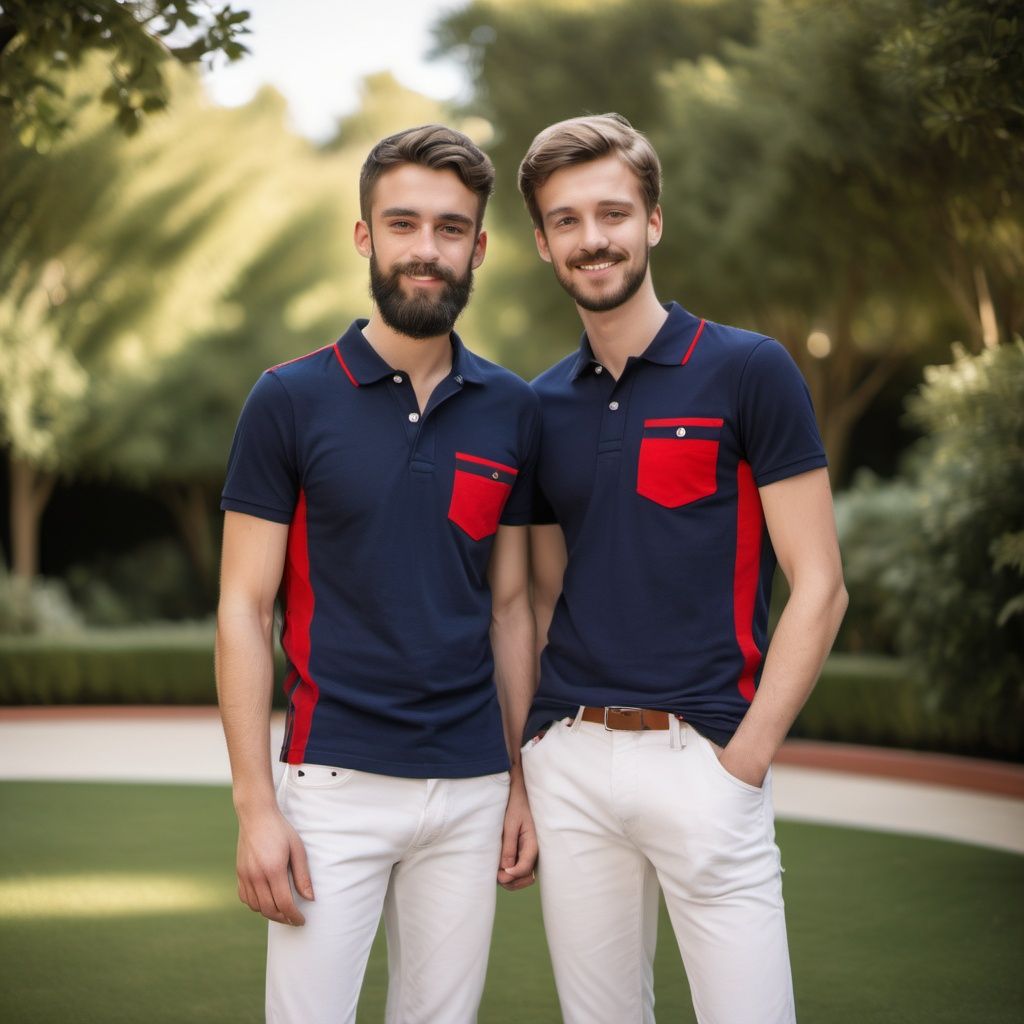 Two young men stand together in a friendly pose, cap...