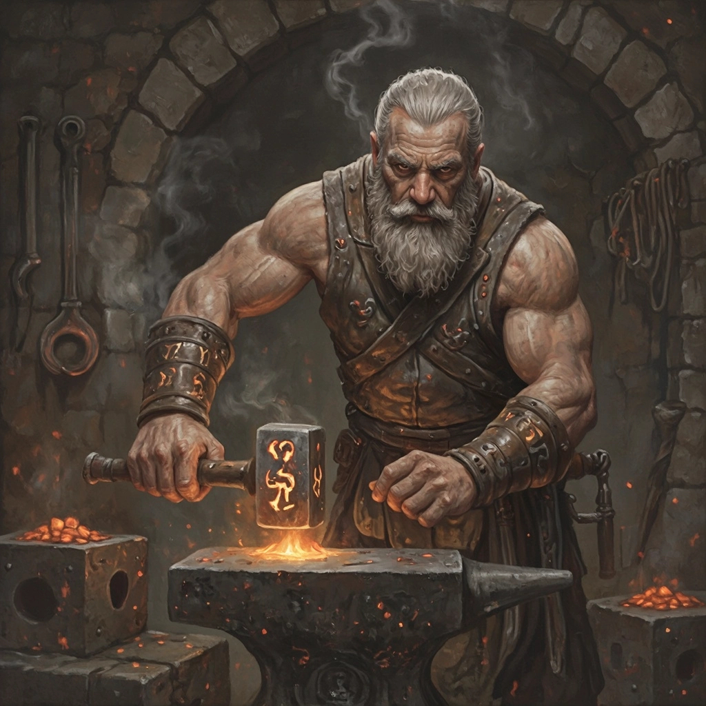 anton pieck style painting, muscley old smith smithi...