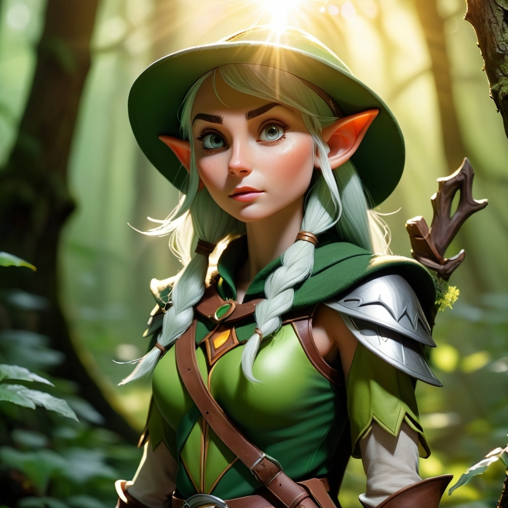 Elf ranger in a mystical forest around sunlight