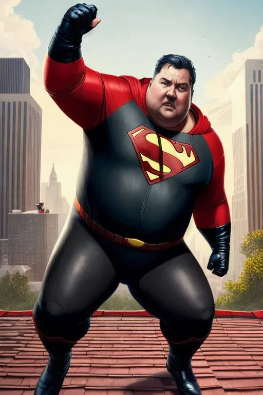 old drunk and fat super-man, walking on the roof, fu...